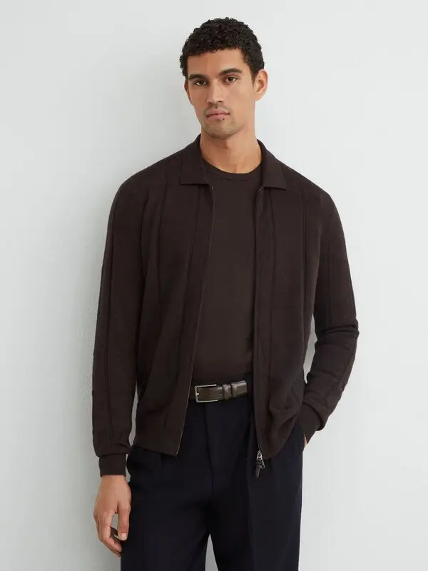 REISS Martindale Wool Check-textured Zip-through Cardigan