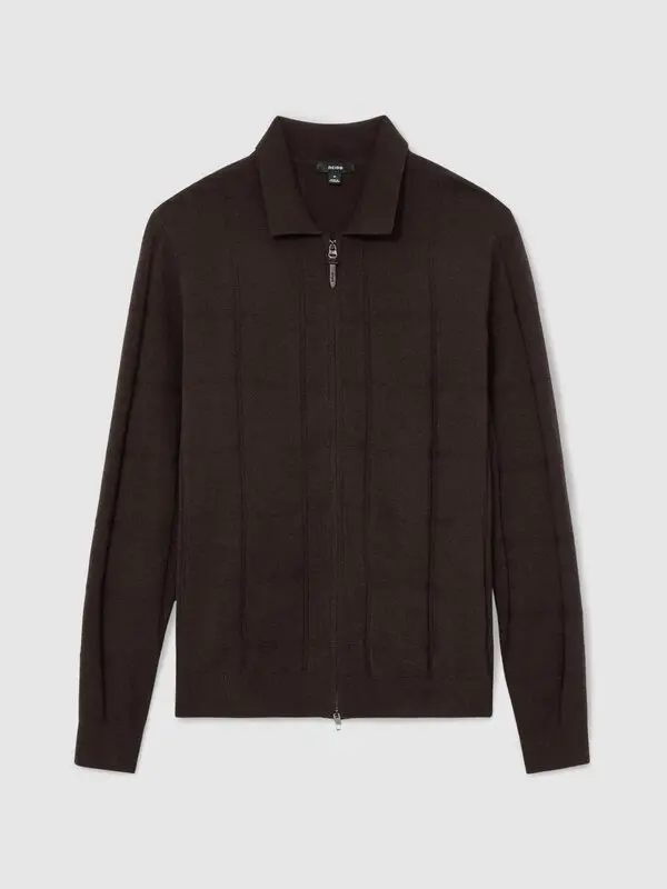 REISS Martindale Wool Check-textured Zip-through Cardigan