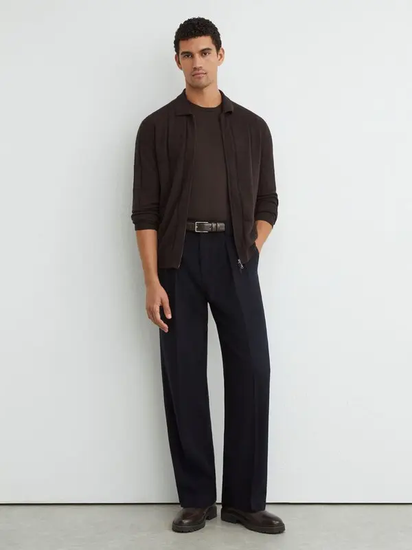 REISS Martindale Wool Check-textured Zip-through Cardigan