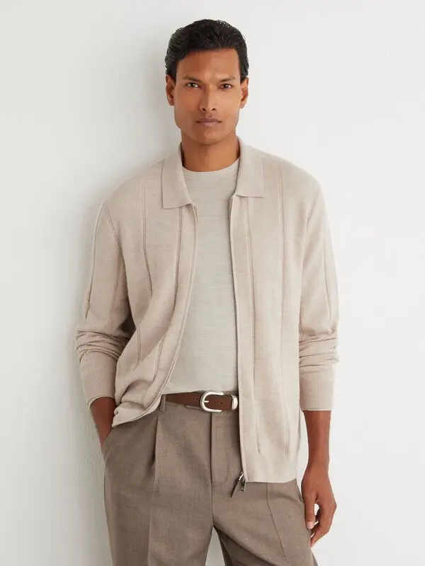 REISS Martindale Wool Textured Zip-through Cardigan - Oatmeal