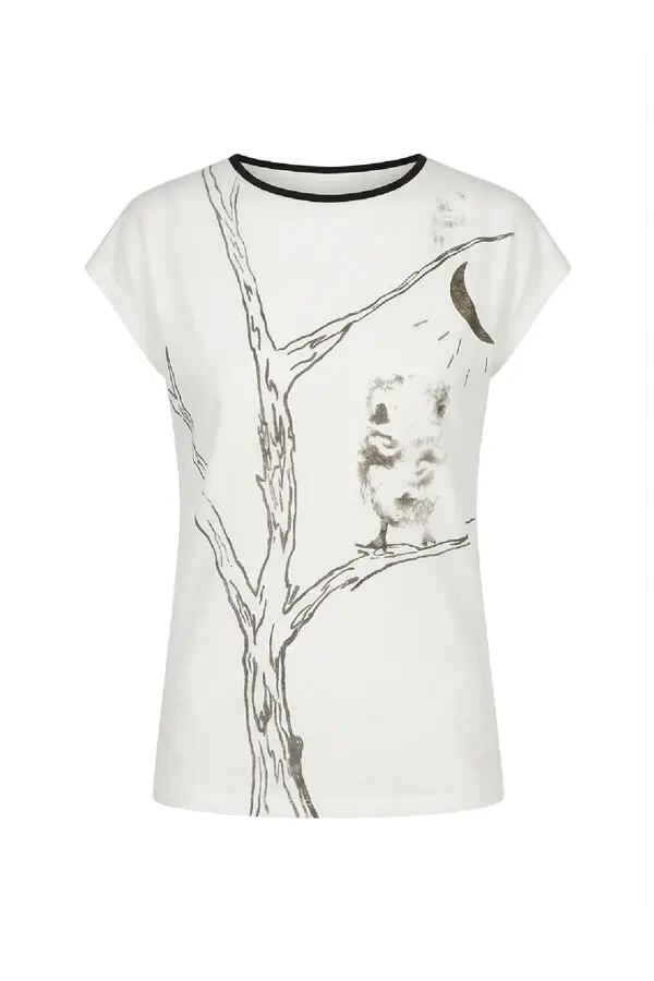 CONQUISTA Artistic Print Cap-sleeve Top With Contrast Trim