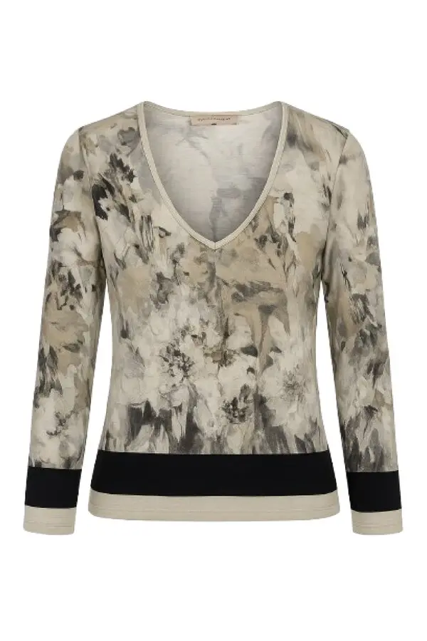 CONQUISTA Abstract Print Long-sleeve V-neck Top
