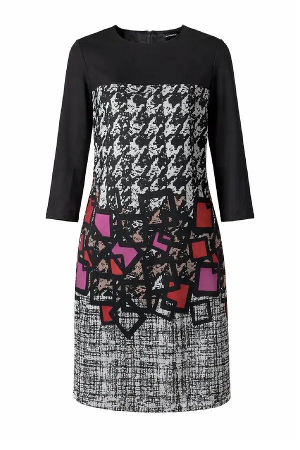 CONQUISTA Abstract Panel Midi Dress With Three-quarter Sleeves - Black