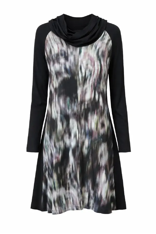 CONQUISTA Abstract Print Hooded Dress With Long Sleeves - Black