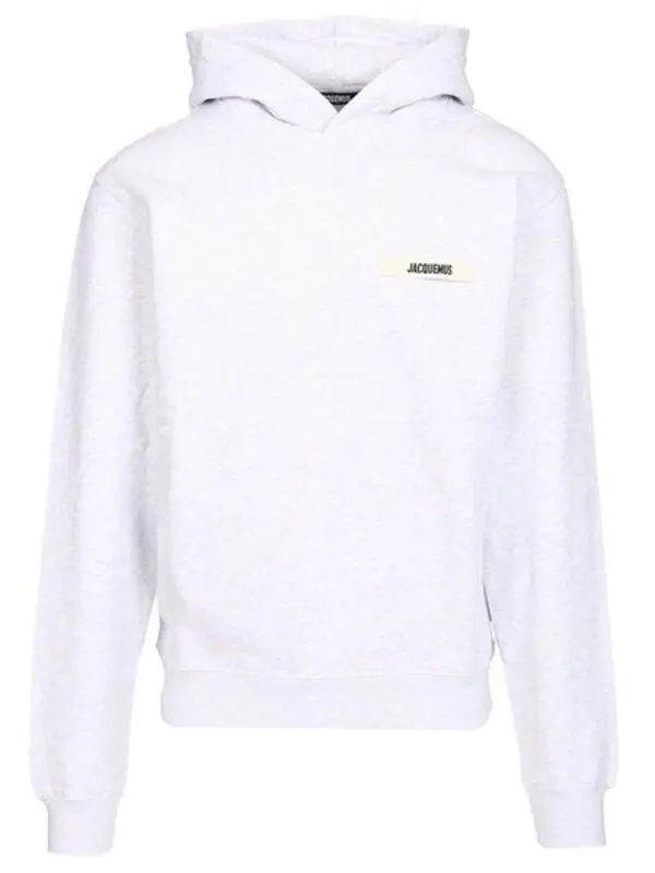 Jacquemus Logo Plaque Gros Grain Hoodie In White Cotton With Relaxed Fit - Grey