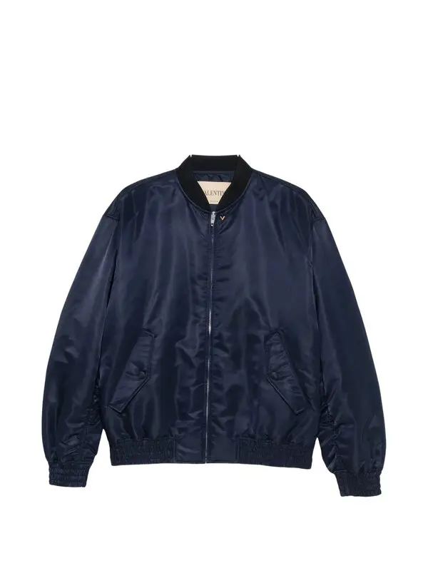 Valentino Garavani Satin Zip-up Bomber Jacket With Ribbed Collar And Elasticized Cuffs - Navy