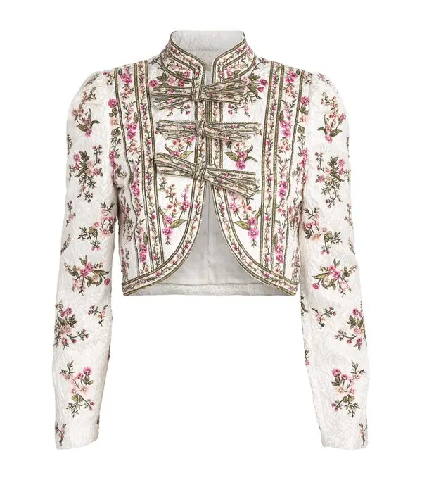 Alice + Olivia Embellished Floral Brocade Cropped Jacket