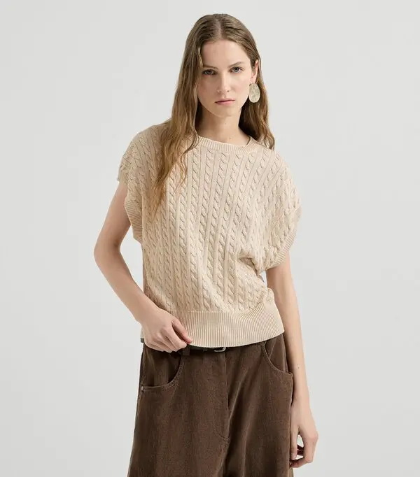 Brunello Cucinelli Cable Knit Short Sleeve Sweater - Yellow