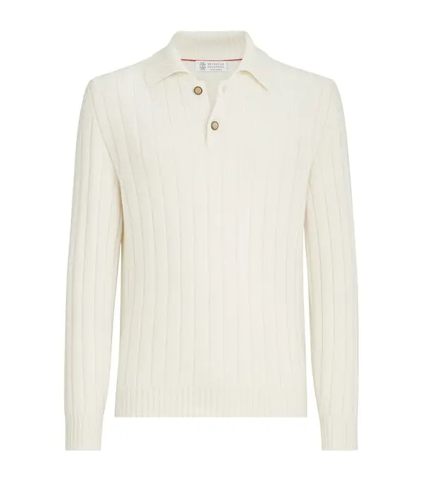 Brunello Cucinelli Cashmere Ribbed Polo Sweater - White