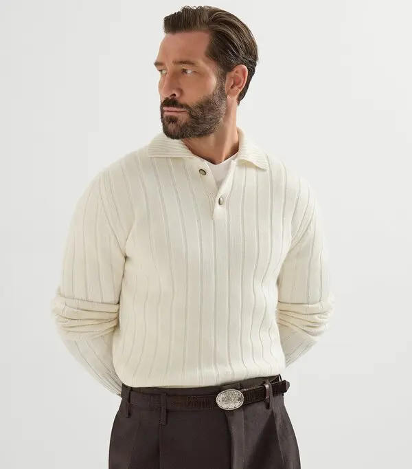 Brunello Cucinelli Cashmere Ribbed Polo Sweater - White