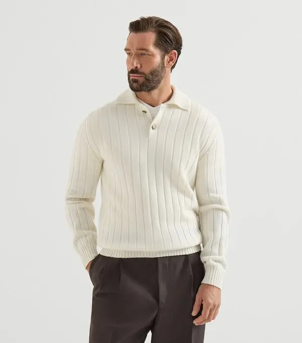 Brunello Cucinelli Cashmere Ribbed Polo Sweater - White