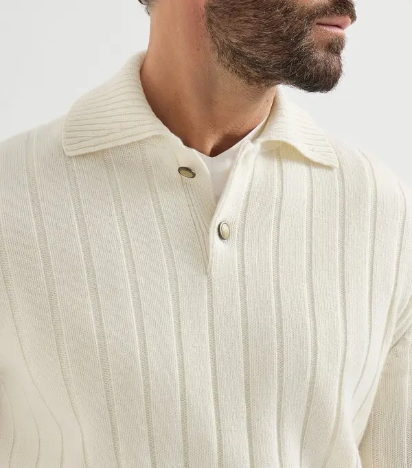 Brunello Cucinelli Cashmere Ribbed Polo Sweater - White
