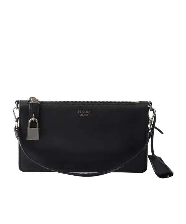 Prada Leather Zipper Clutch With Embossed Logo