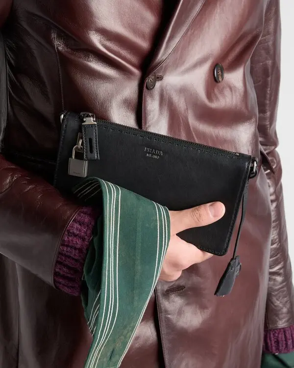 Prada Leather Zipper Clutch With Embossed Logo