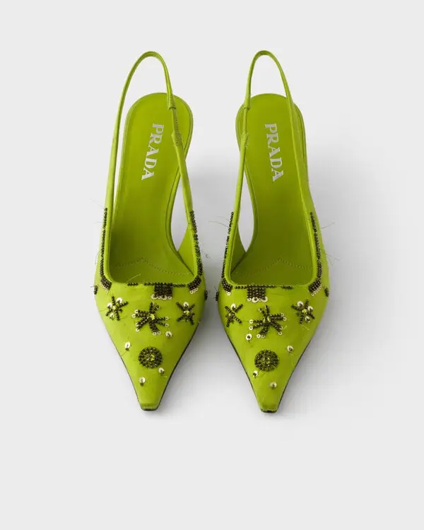 Prada Embroidered Satin Slingback Pumps