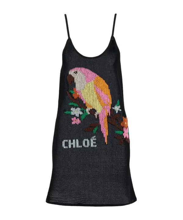 Chloé Embroidered Parrot Mesh Knit Mini Dress