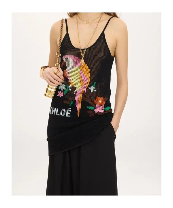 Chloé Embroidered Parrot Mesh Knit Mini Dress