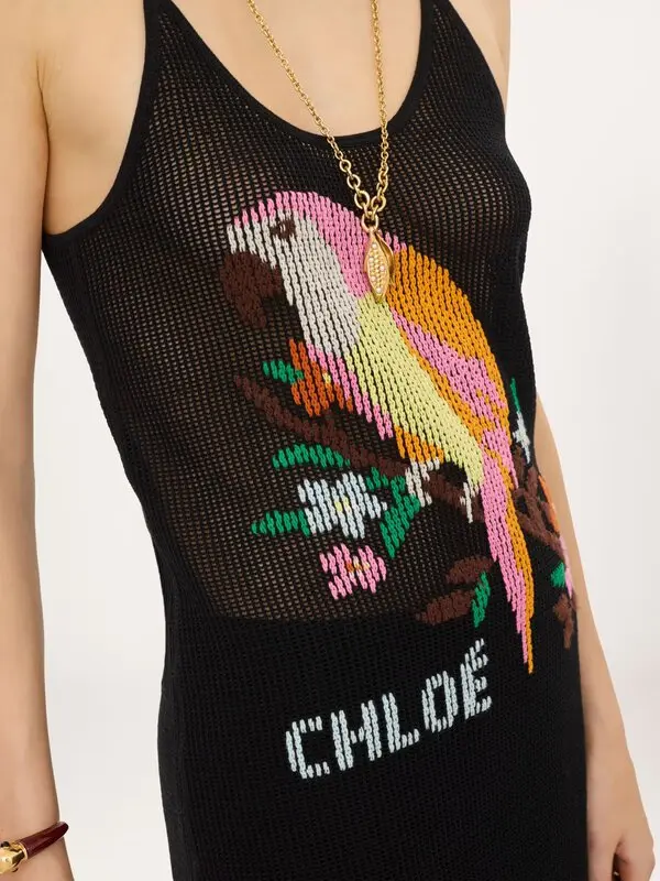 Chloé Embroidered Parrot Mesh Knit Mini Dress