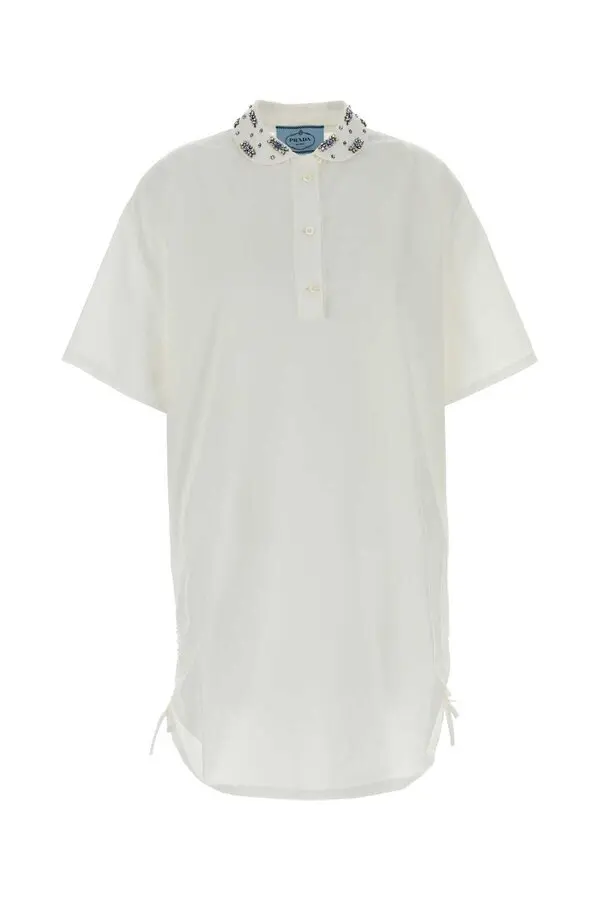 Prada Embroidered Short-sleeved Poplin Mini Dress - White