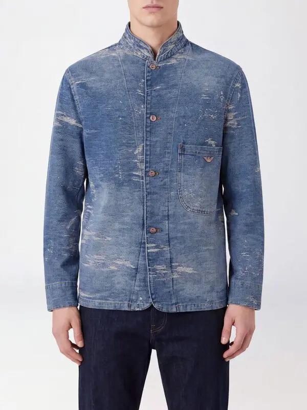 Emporio Armani Short Distressed Denim Jacket With A Mandarin Collar