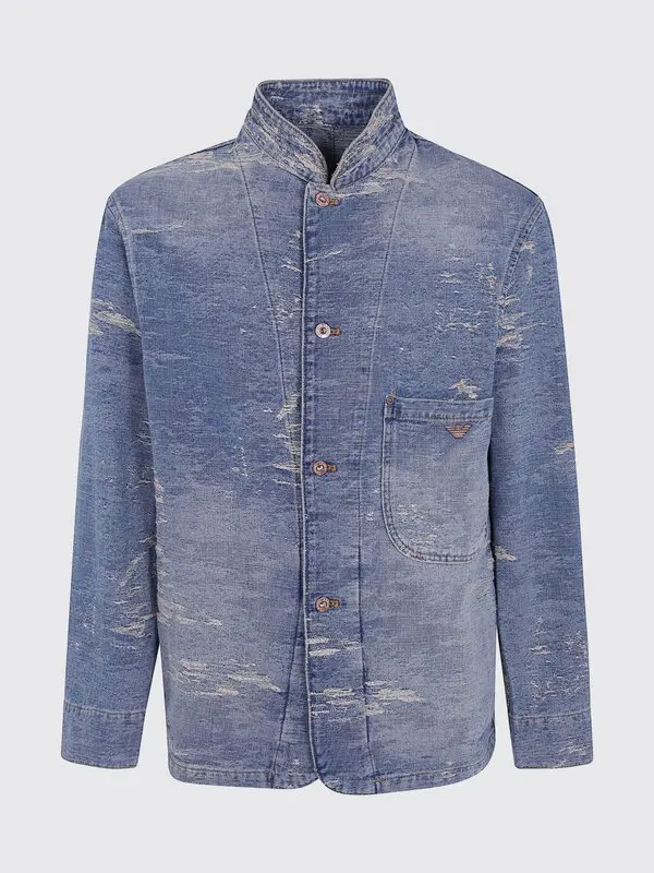 Emporio Armani Short Distressed Denim Jacket With A Mandarin Collar