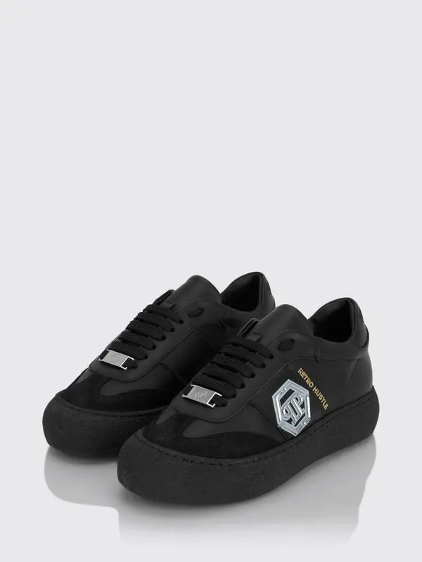 Philipp Plein Retro Hustle Monogram Leather Low-top Trainers With Platform Sole - Black