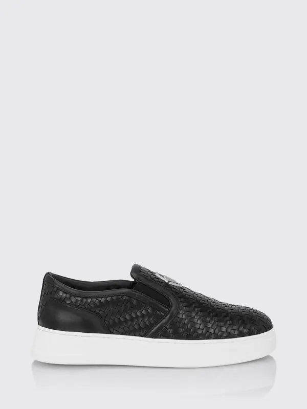Philipp Plein Monogram Woven Leather Slip-on Trainers With Hexagon Logo - Black