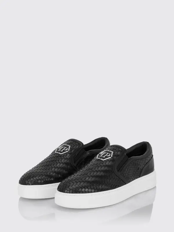 Philipp Plein Monogram Woven Leather Slip-on Trainers With Hexagon Logo - Black
