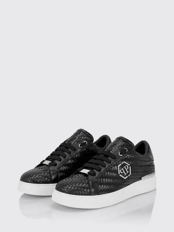 Philipp Plein Woven Leather Low-top Sneakers With Hexagon Logo - Black