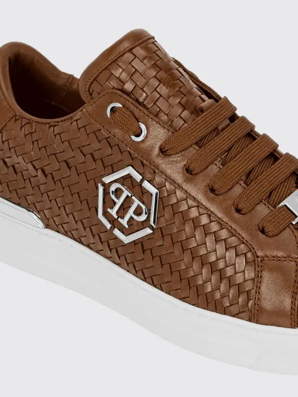 Philipp Plein Woven Leather Low-top Sneakers With Hexagon Logo - Brown