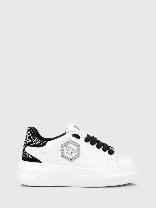 Philipp Plein Leather Chunky Sneakers With Hexagon Logo And Rhinestones - White