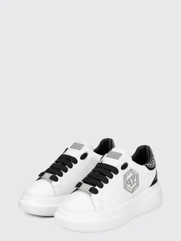Philipp Plein Leather Chunky Sneakers With Hexagon Logo And Rhinestones - White