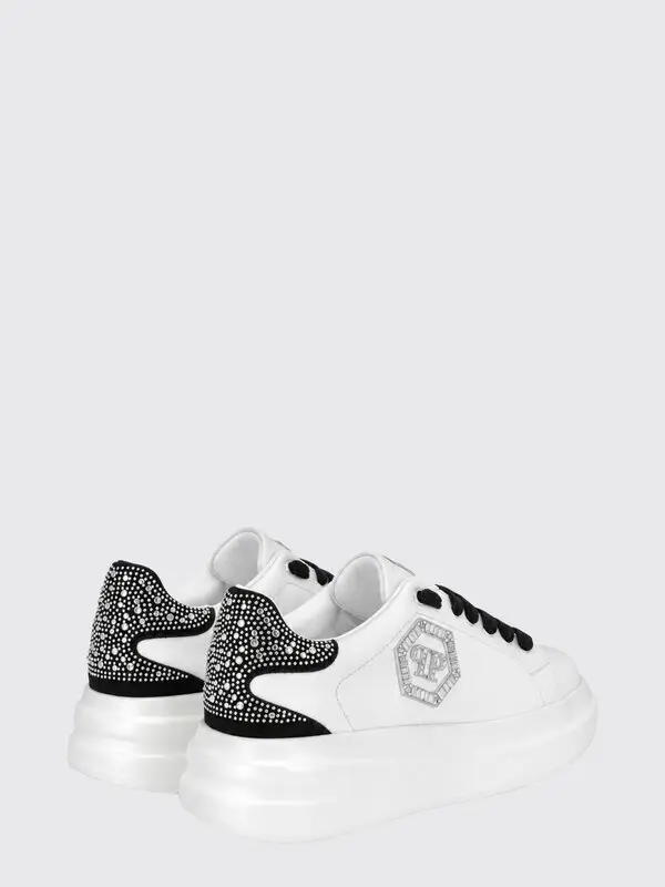 Philipp Plein Leather Chunky Sneakers With Hexagon Logo And Rhinestones - White