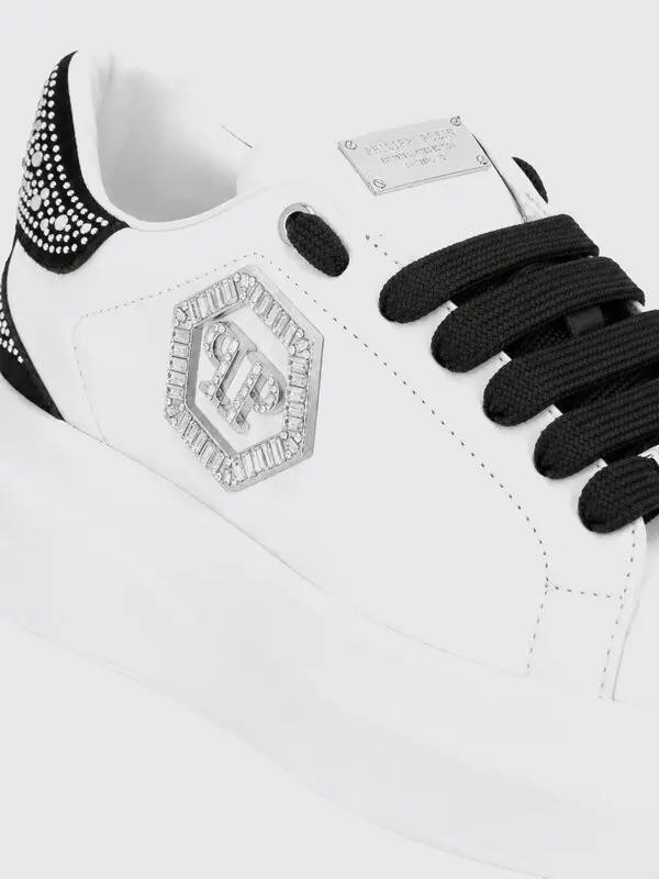 Philipp Plein Leather Chunky Sneakers With Hexagon Logo And Rhinestones - White