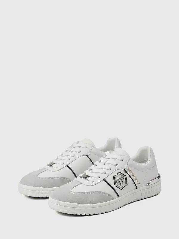 Philipp Plein Retro Hustle Leather Sneakers With Hexagon Logo - White