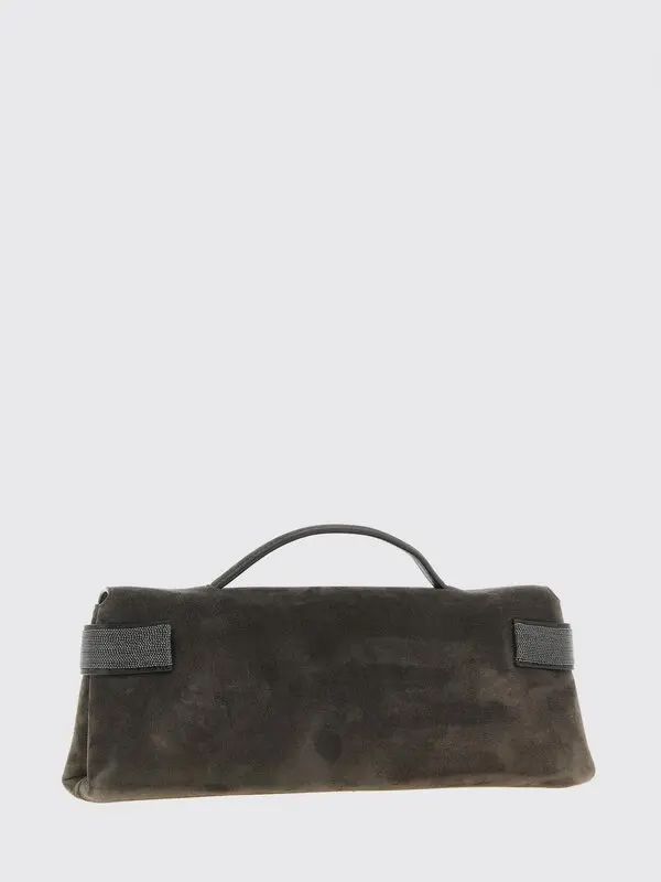 Brunello Cucinelli Suede Calfskin Clutch With Monili Embellishment - Black
