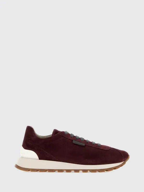 Brunello Cucinelli Suede Calfskin Low-top Trainers With Monili Detail - Burgundy