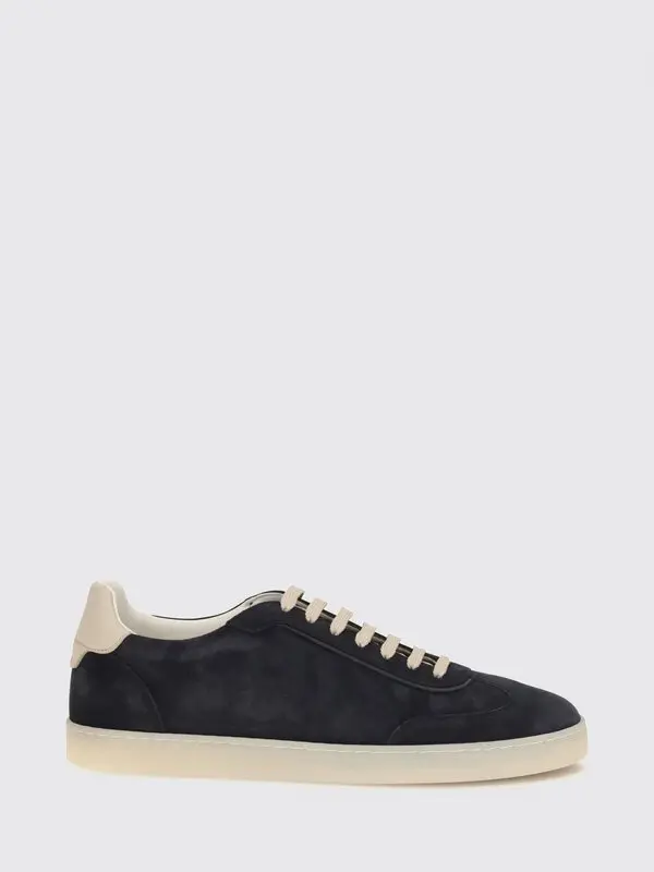 Brunello Cucinelli Suede Calfskin Low-top Trainers With Laminated Logo - Blue