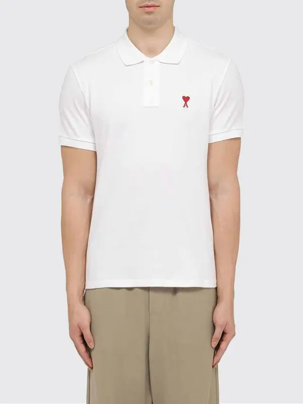 AMI Paris Slim Fit Embroidered Logo Polo Shirt In Organic Cotton - White