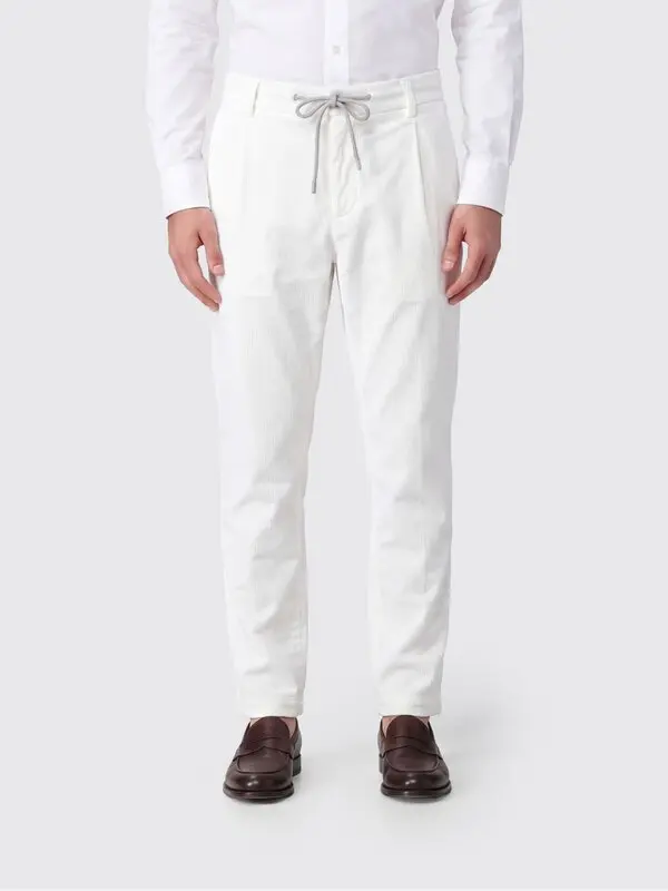 Eleventy Slim Fit Corduroy Trousers With Drawstring Waist And Pleats - White