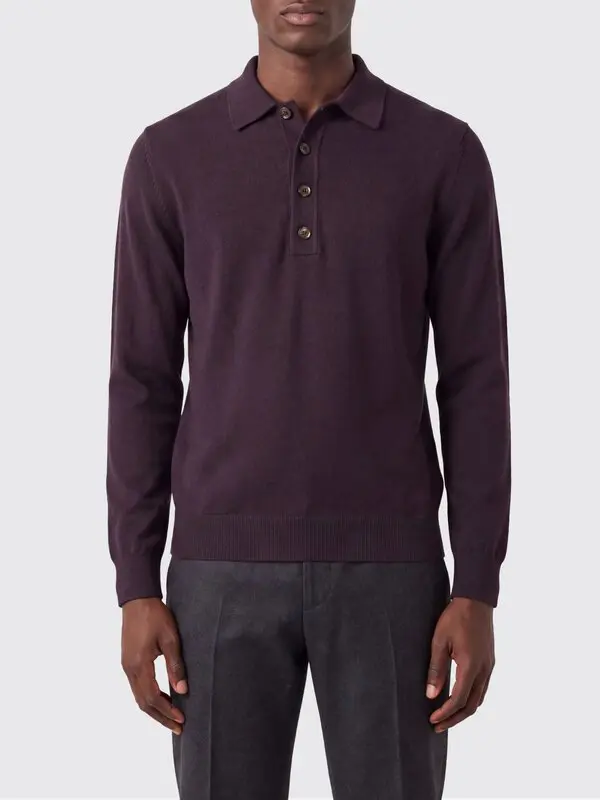 Eleventy Long-sleeved Knit Polo Shirt In Cashmere And Cotton Blend - Brown