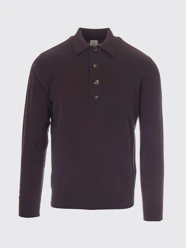Eleventy Long-sleeved Knit Polo Shirt In Cashmere And Cotton Blend - Brown