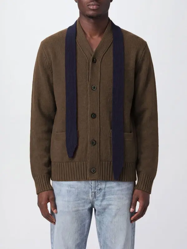 Sacai Pure Wool Cardigan With Scarf Neck And Patch Pockets - Brown