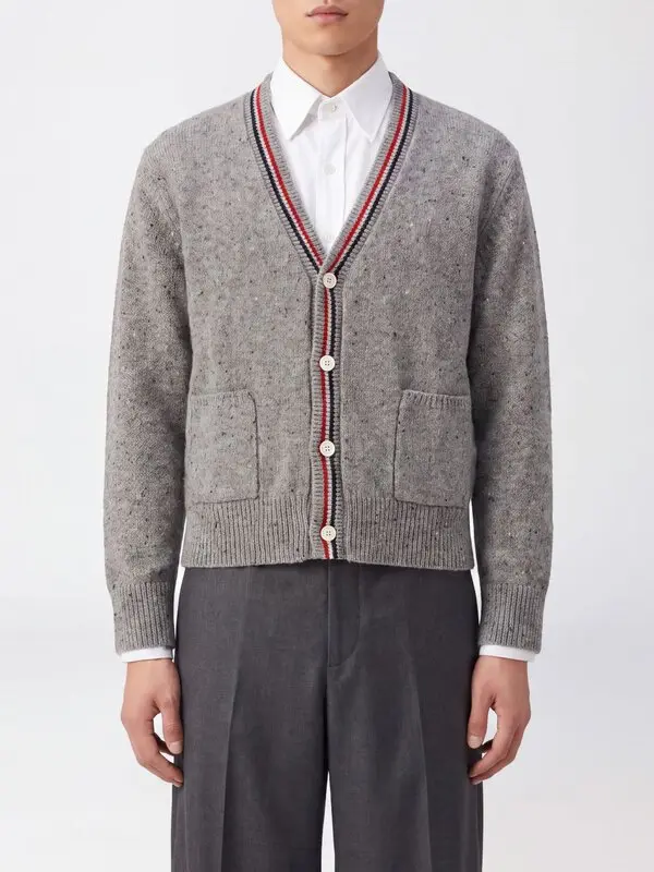 Thom Browne Slim Fit Wool And Mohair Cardigan With Fauna Print - Grey