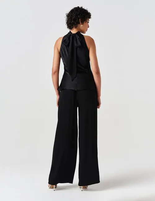 GHOST LONDON Andie Pleated Wide Leg Satin Trouser - Black