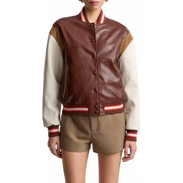 Avec Les Filles Faux Leather Varsity Bomber Jacket