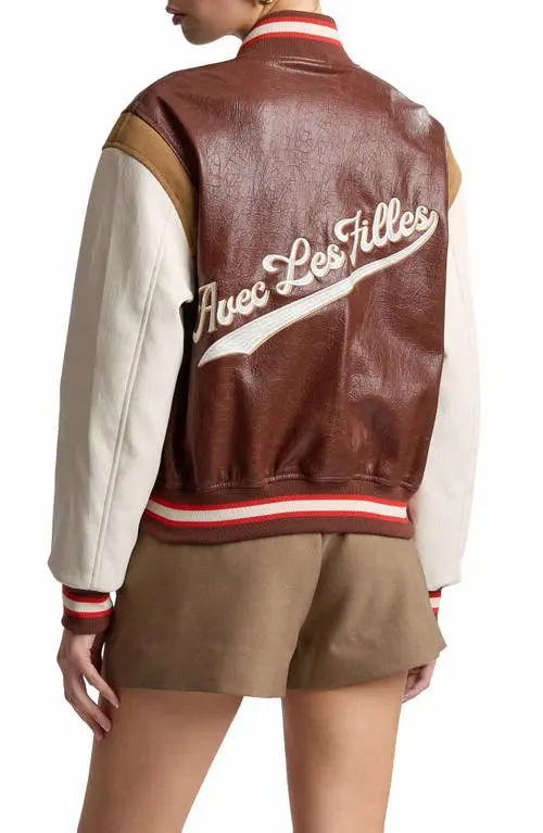 Avec Les Filles Faux Leather Varsity Bomber Jacket