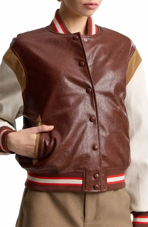 Avec Les Filles Faux Leather Varsity Bomber Jacket