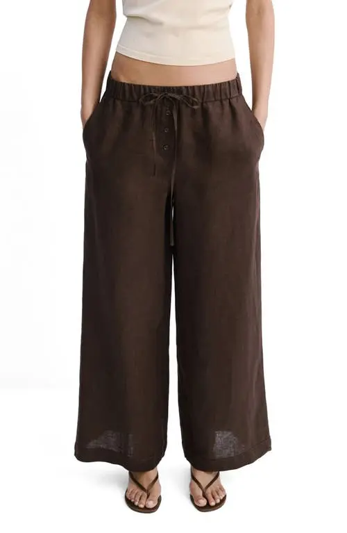Mango Wide Leg Linen Pants With Button Detail - Chocolate