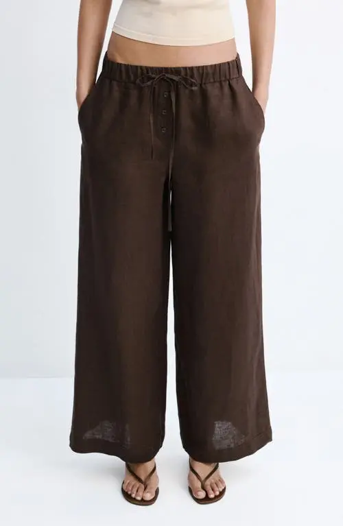 Mango Wide Leg Linen Pants With Button Detail - Chocolate